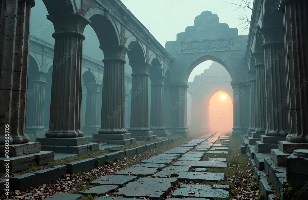 Ancient Stone Corridor with Ethereal Light and Gothic Architecture ...