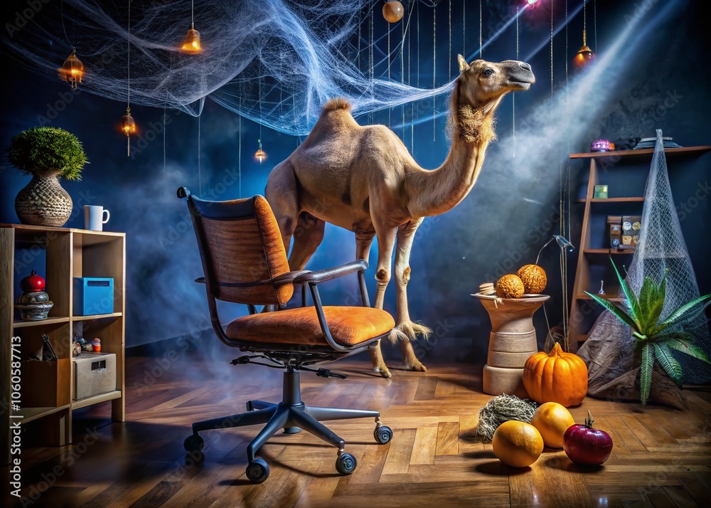 Hump Day Hero - A Camel on a Haunted Office Chair Surrounded by Creepy ...