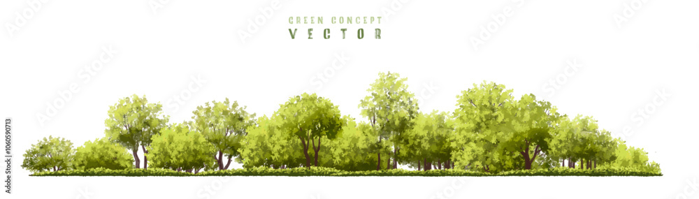 Vector watercolor green tree or forest side view isolated on white ...