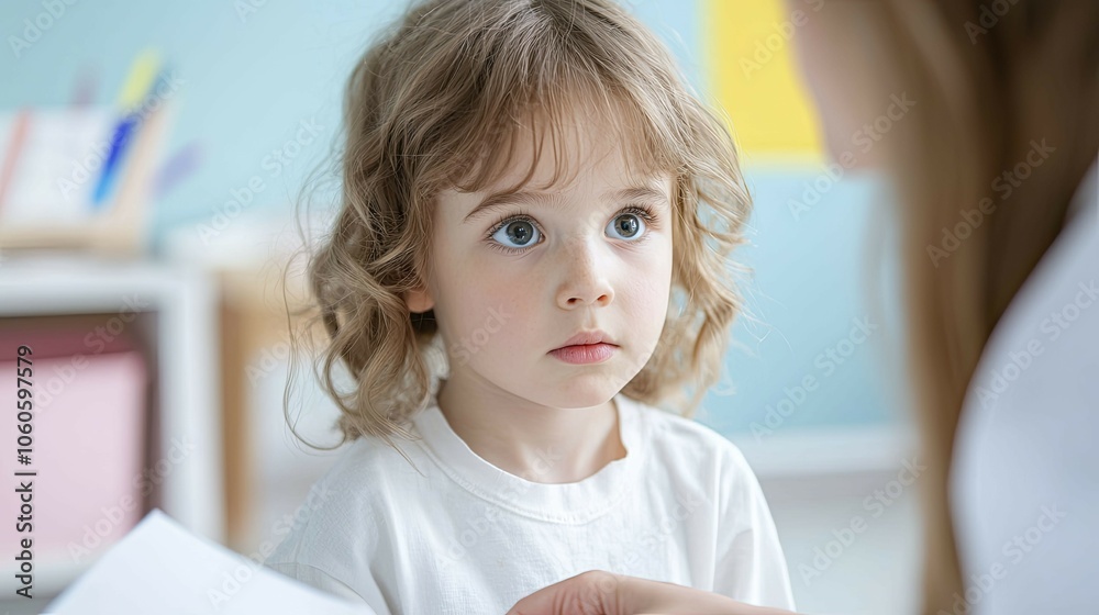Child undergoing a school vision test, teacher guiding with positive ...