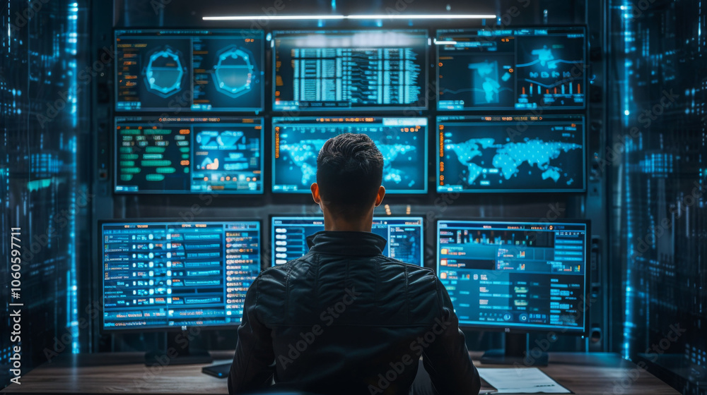 cybersecurity expert analyzes data on multiple screens in high tech environment, showcasing ...