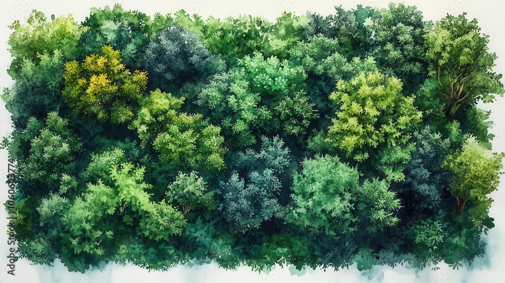 aerial watercolor illustration depicts lush greenery featuring trees ...