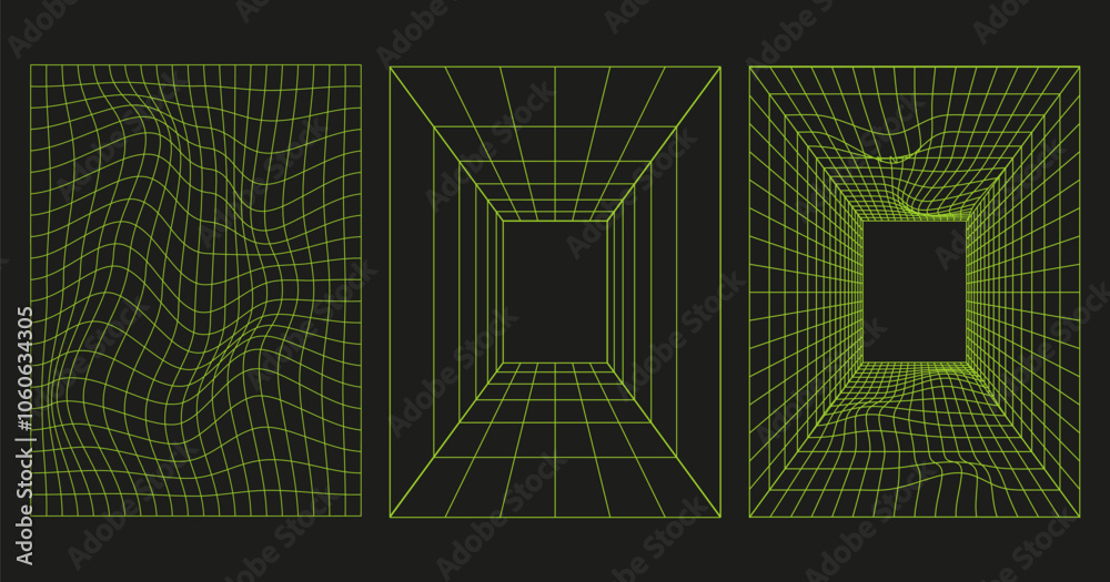 Set of distorted vertical grid patterns.Y2K Retrowave shapes, vaporwave ...