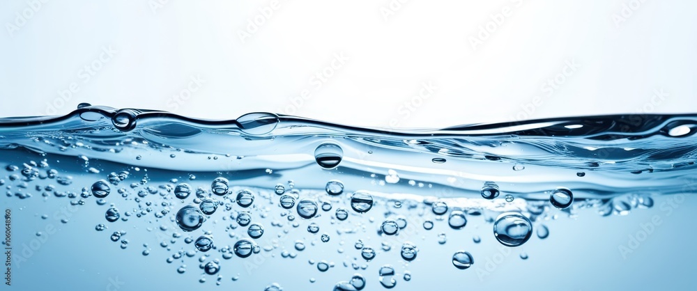 underwater scene, water surface, air bubbles rising, clear blue water ...