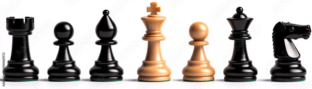 This image features a lineup of chess pieces including both black and ...