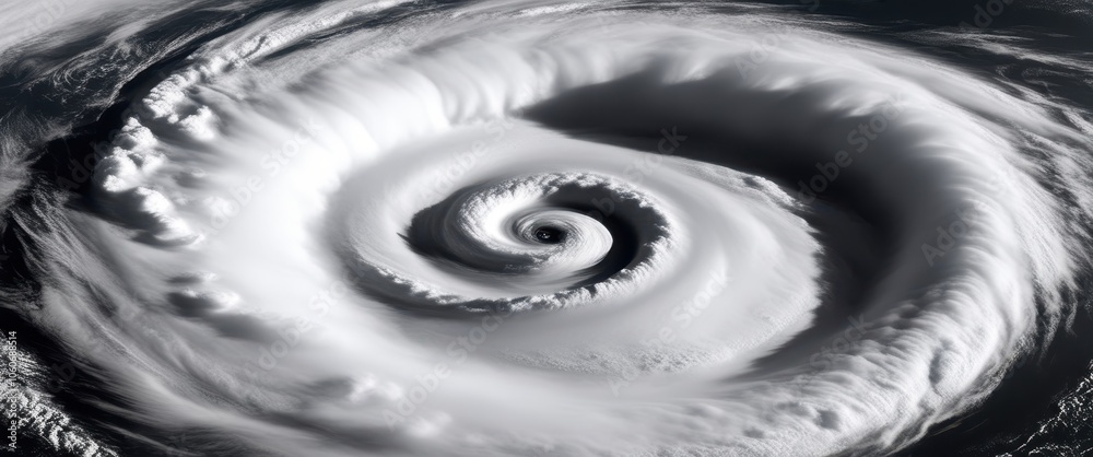 Spiral hurricane from space, massive storm system, swirling clouds ...