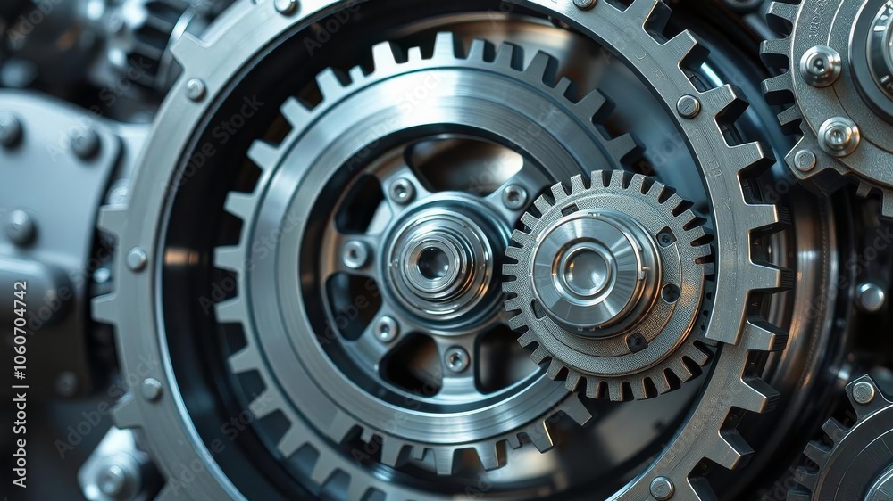 An intricate pattern of interlocking cogwheels in shades of gray ...