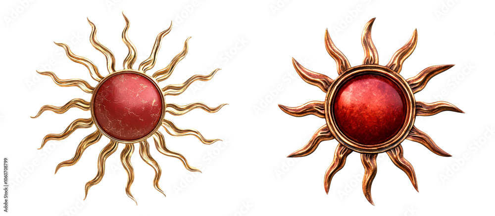 Two decorative sun designs with a red center isolate on transparent ...