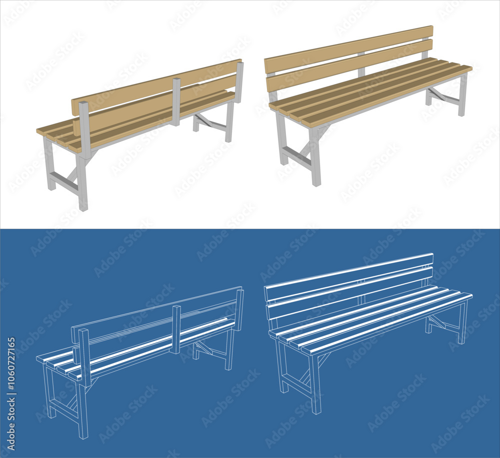 Set Wooden park bench vector technical drawing blueprint line ...