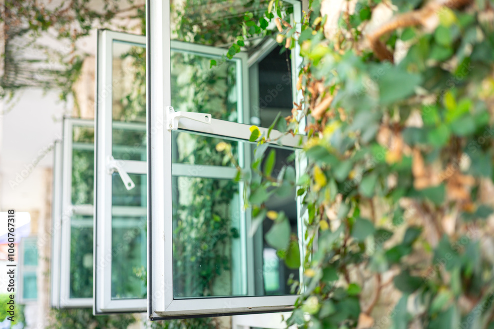 Row of swing frame glass windows at gardening style building are ...