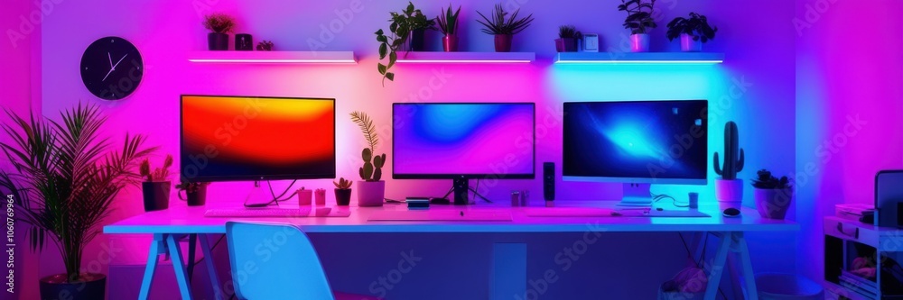 Neon-lit gaming setup, futuristic workspace, RGB lighting, dual monitor ...