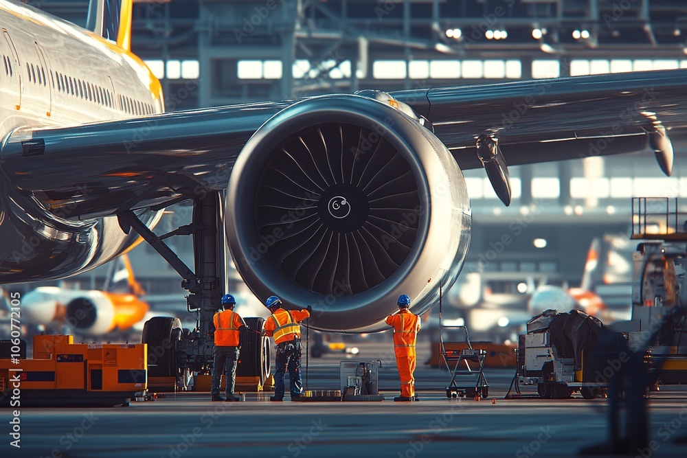 An aircraft technician works on the engine of a commercial jet in a ...