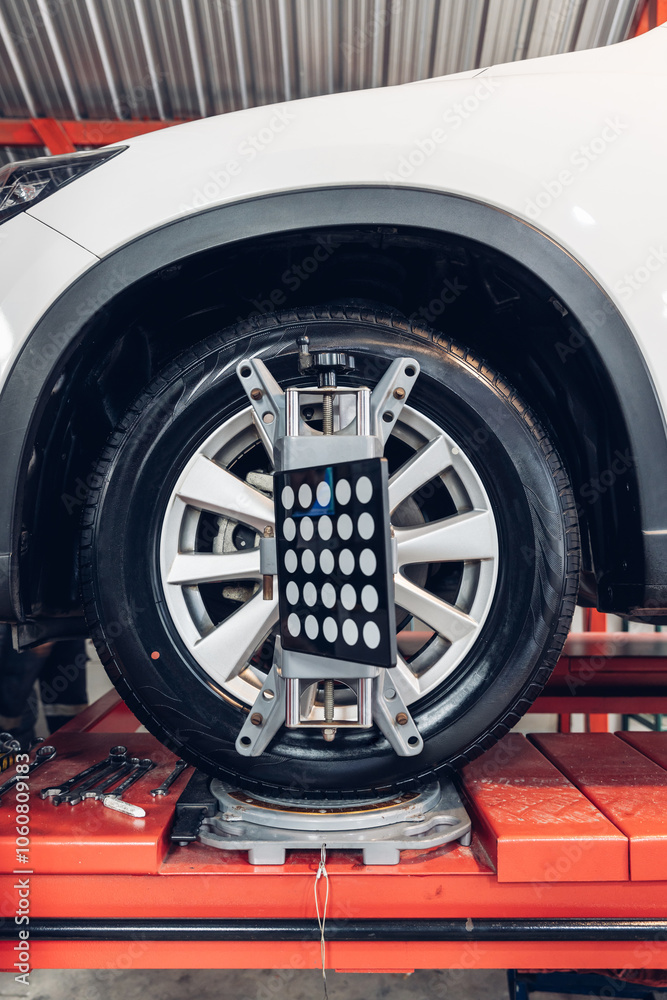 Car wheel centering machine adjustment. Auto service mechanic ...