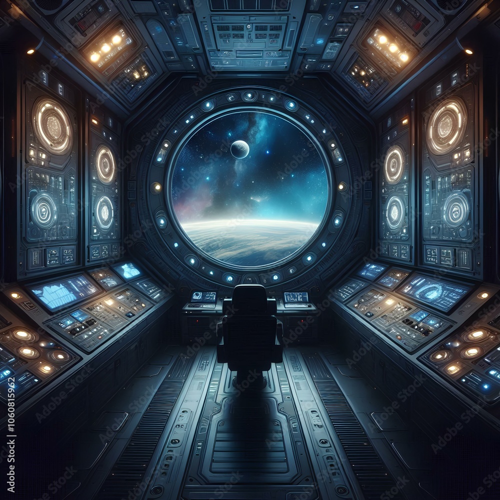 Spaceship cabin interior with window view of universe, spacecraft ...