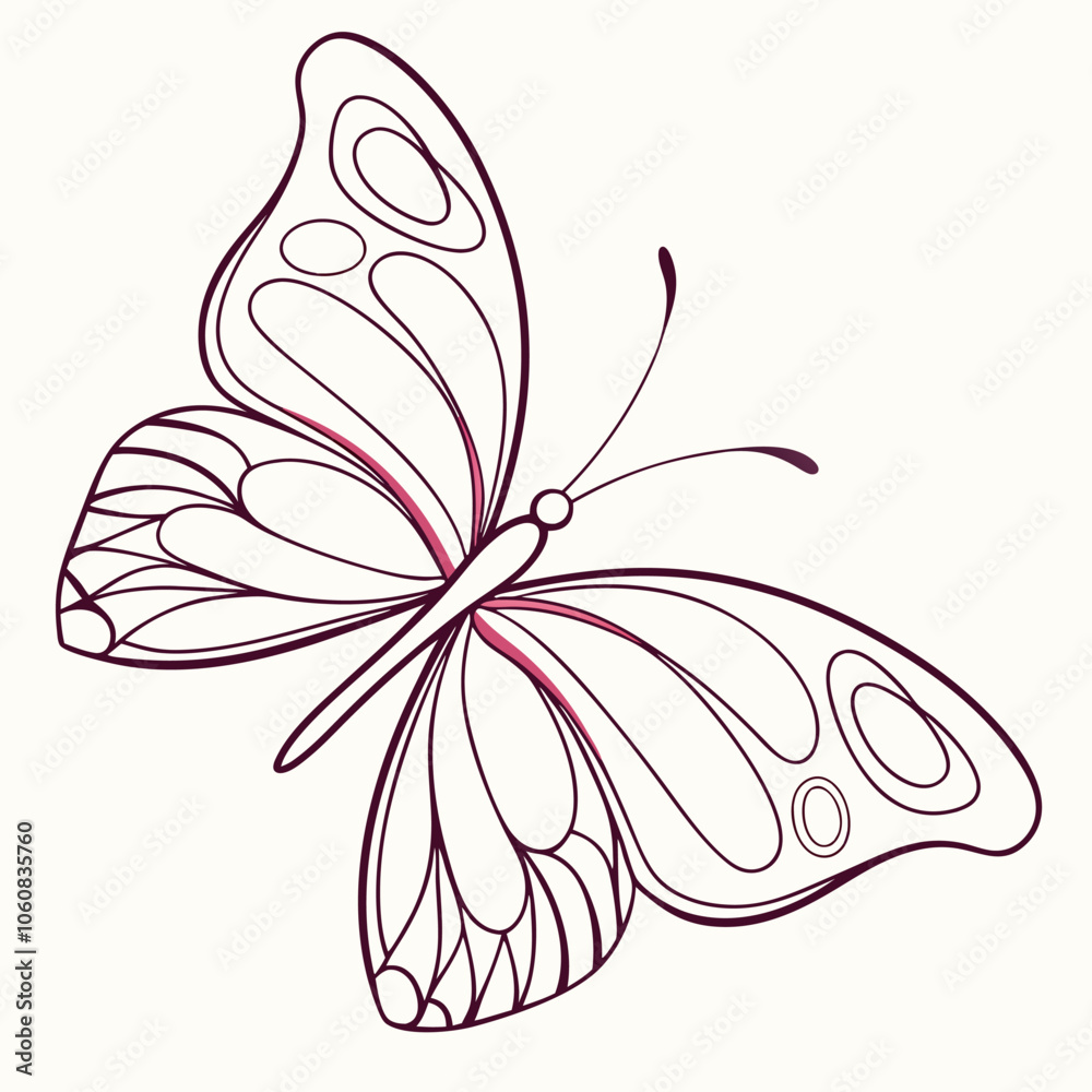 A delicate line drawing of a butterfly with intricate wing patterns ...