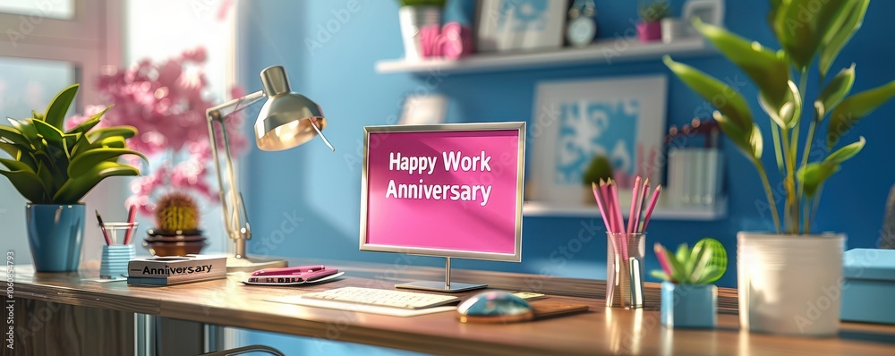 Celebratory office desk featuring a sign reading 'Happy Work ...