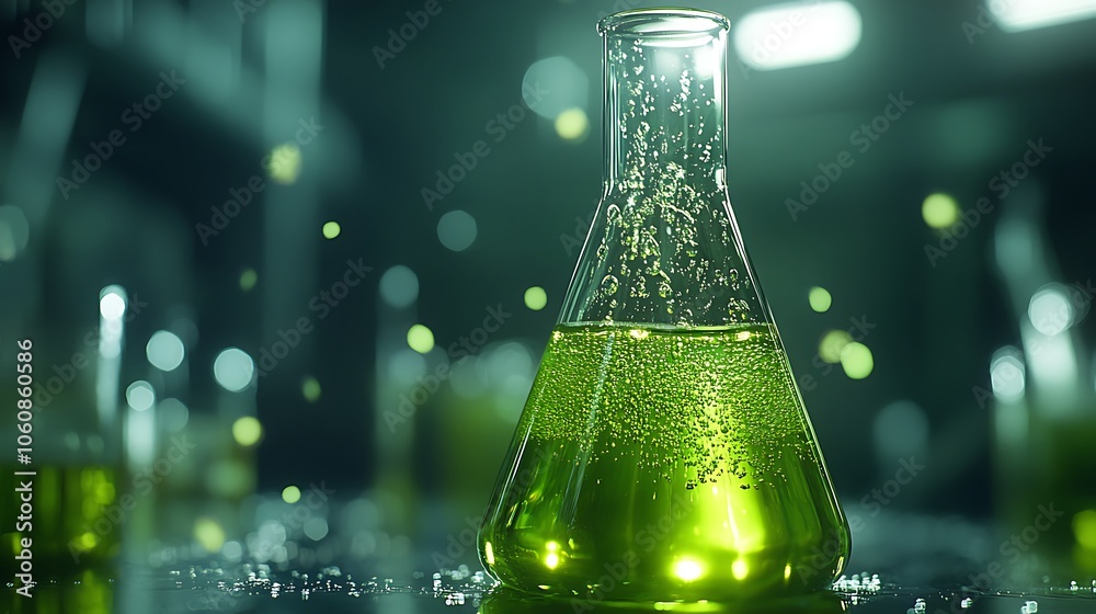 Dramatic view of an Erlenmeyer flask filled with bubbling green liquid ...