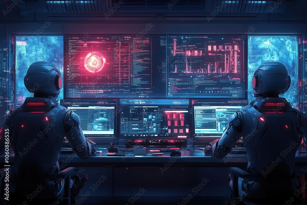 futuristic office setting with robotic arms efficiently managing workflow on screens ...