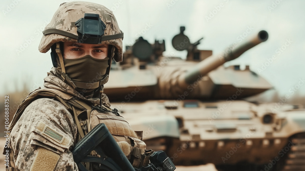 Military soldier in full tactical gear and helmet, standing confidently ...