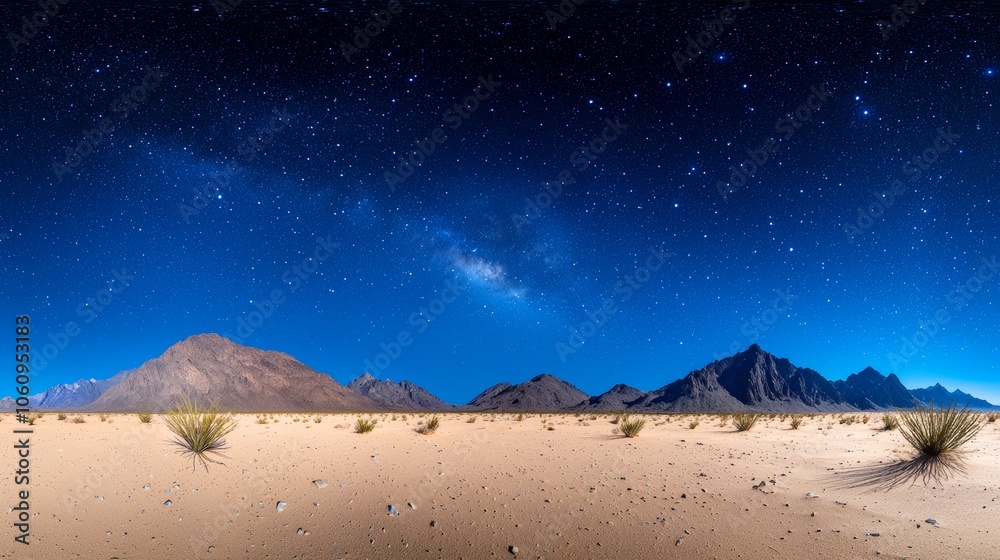 Desert landscape with a 360-degree starry sky, HDRI, equirectangular ...