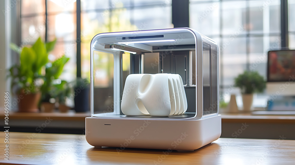 A 3D printer in the midst of creating a white plastic model, offering a ...