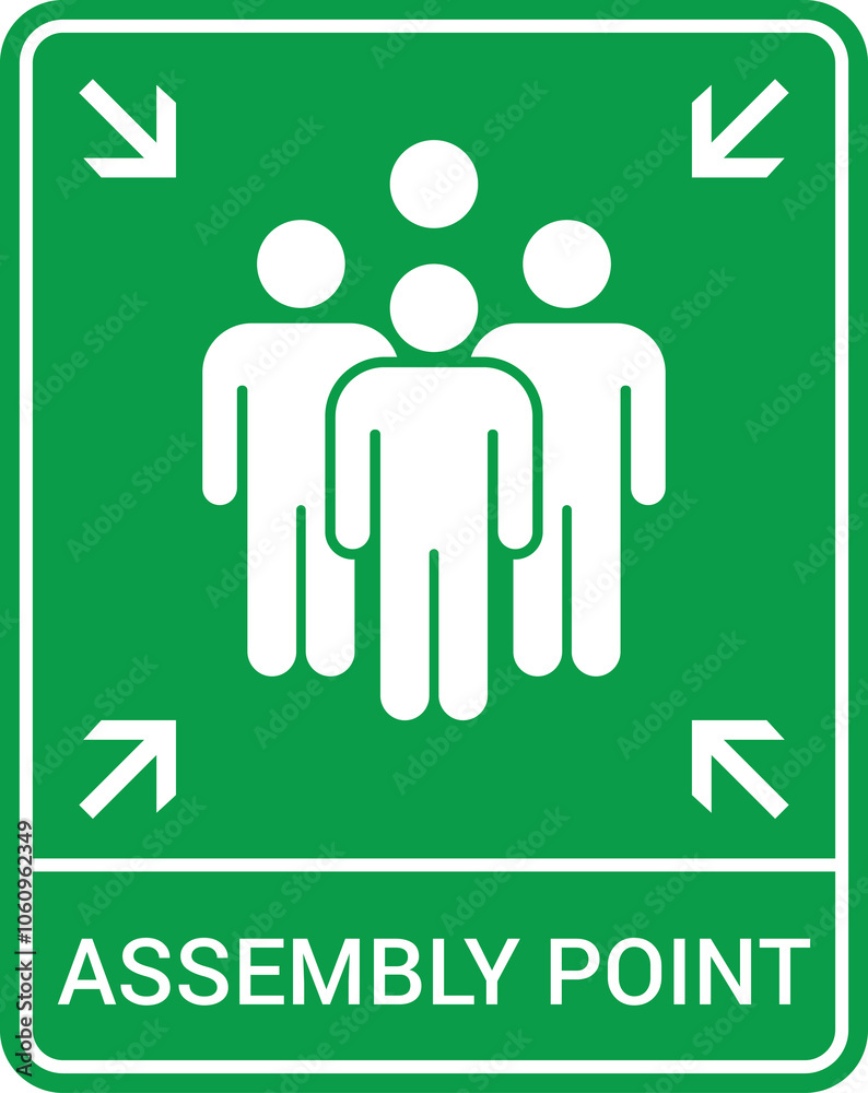 Ilustración de Stock Emergency evacuation assembly point sign. Assembly ...