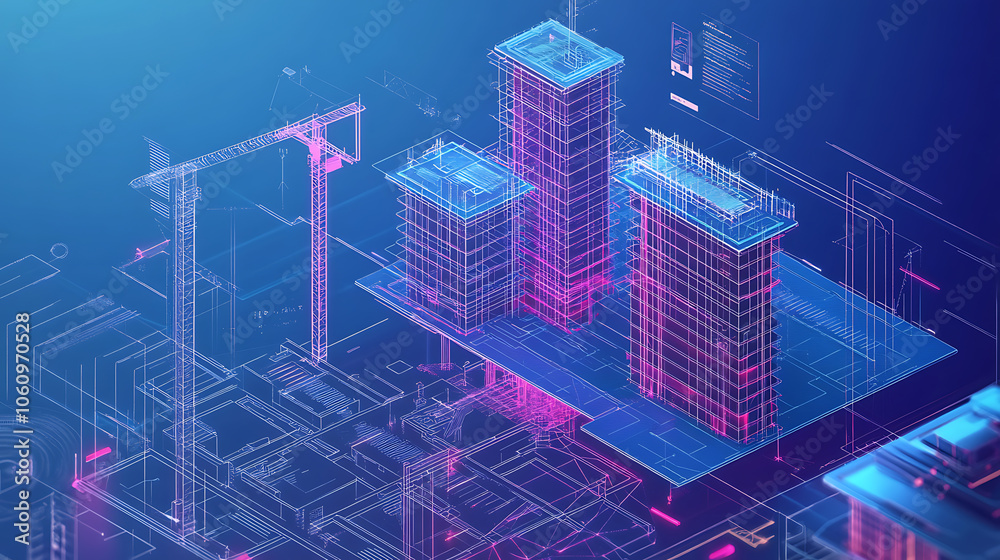 digital construction building information modeling bim concept with 3d model and blueprints ...