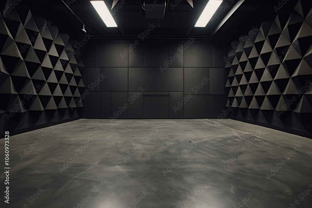 An empty interview studio. The walls are charcoal black with triangular ...