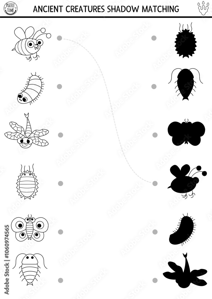 Dinosaur black and white shadow matching activity with ancient insects ...