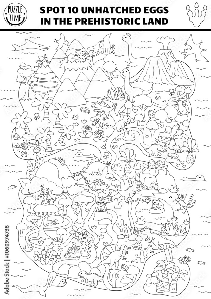 Vector black and white dinosaur searching game with prehistoric ...