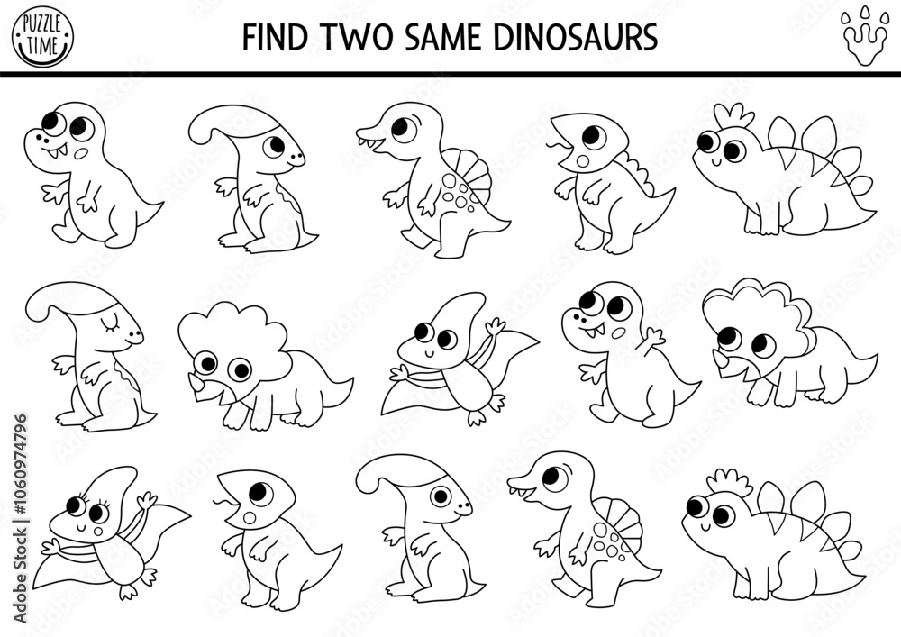 Find two same baby dinosaurs. Prehistoric black and white matching ...