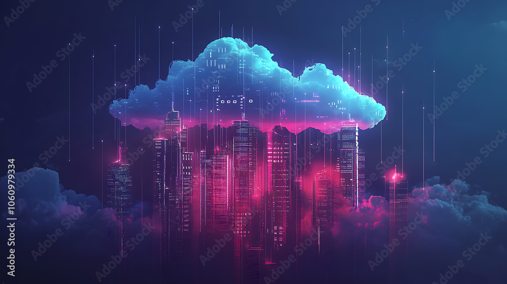cloud technology banner with low poly cityscape and binary code on dark blue background big data ...
