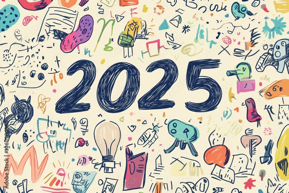 Colorful doodles and illustrations surrounding the year 2025 ...