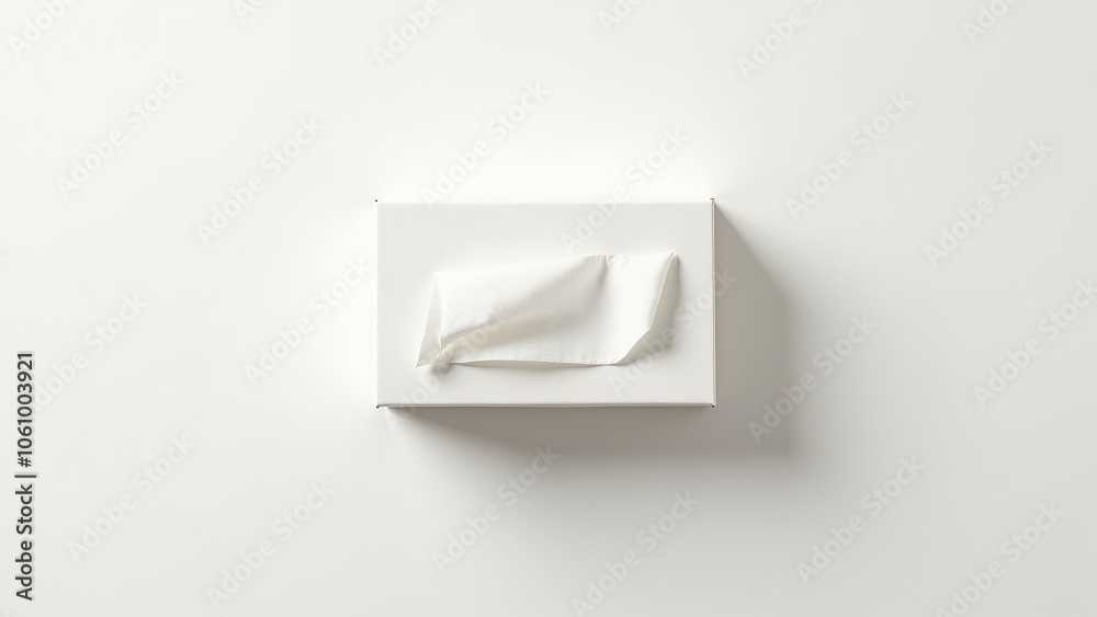 White tissue box with one tissue partially pulled out on a plain ...