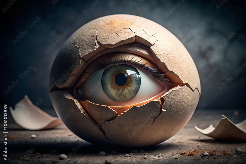 [High-resolution surrealist photography], [A large, realistic human eye ...