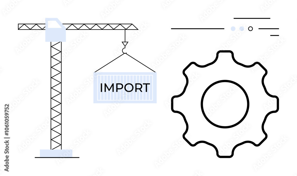Cargo crane hoisting an import container, adjacent to a large gear ...
