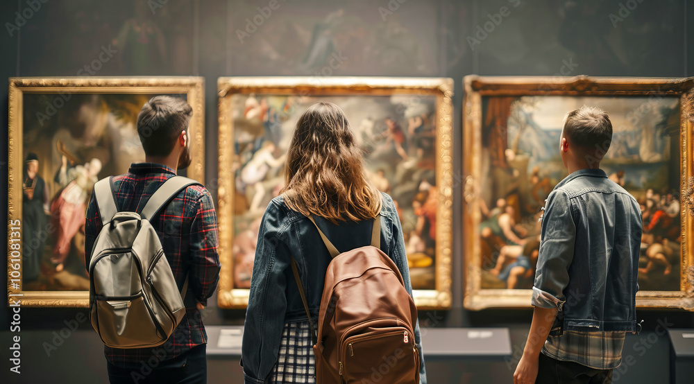 Foto de Stock Students visiting the museum of art painting and enjoying ...
