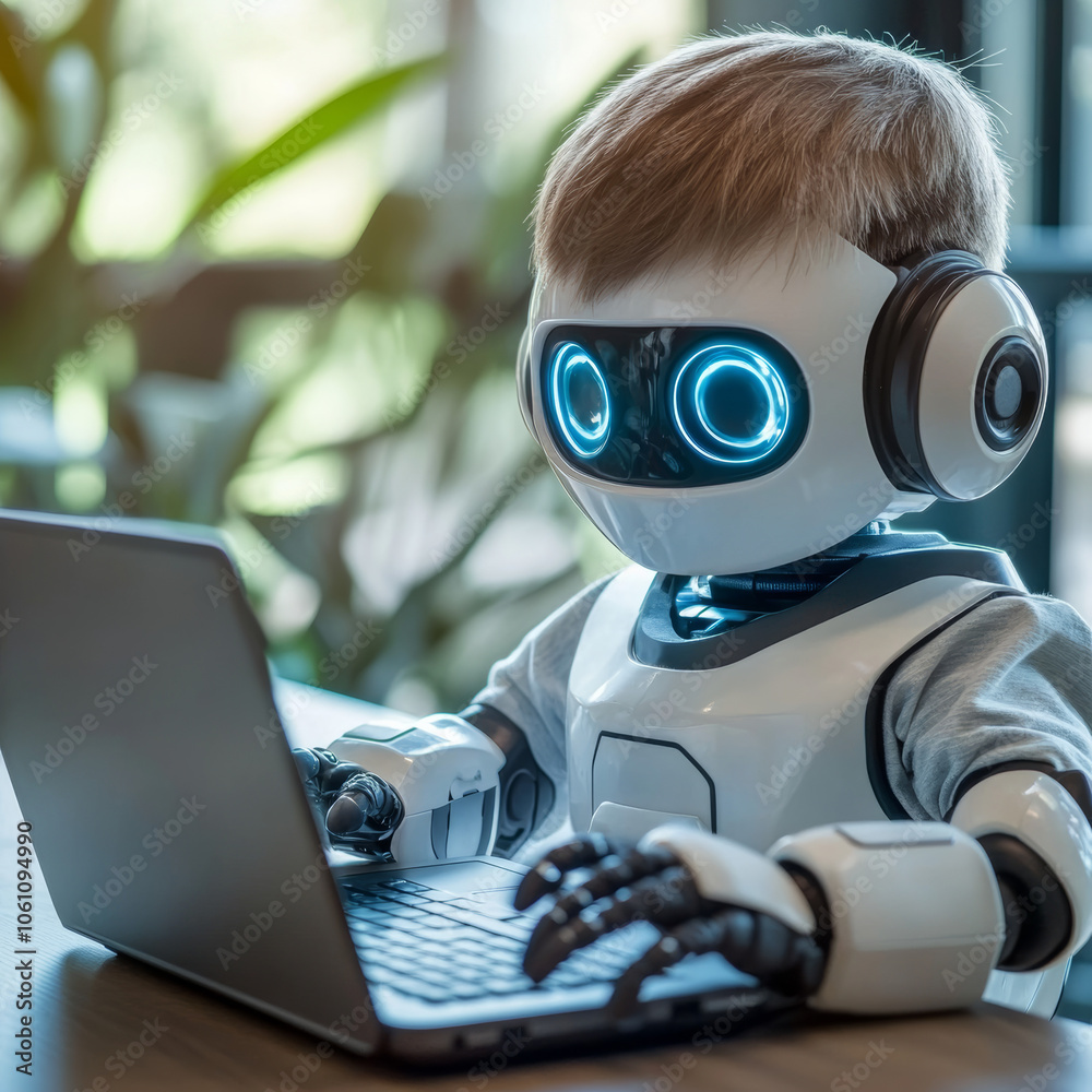 Child create code of program for control robot on laptop, phone on ...