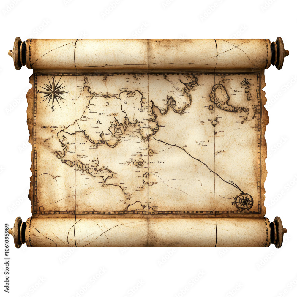 Ancient Treasure Map Scroll Rolled Open With Compass Rose Navigation ...