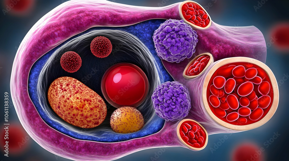 Blood Vessel with Red Blood Cells and Cells in Different Stages of ...