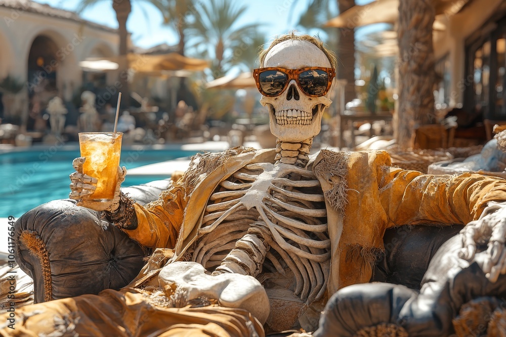 Skeleton lounging by the pool with sunglasses, tropical, exterior home ...