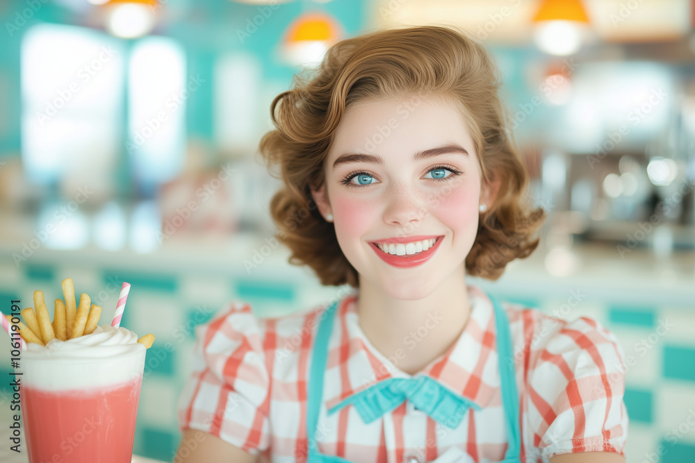1950s Diner Waitress Serving Milkshakes and Fries at Retro Counter with ...