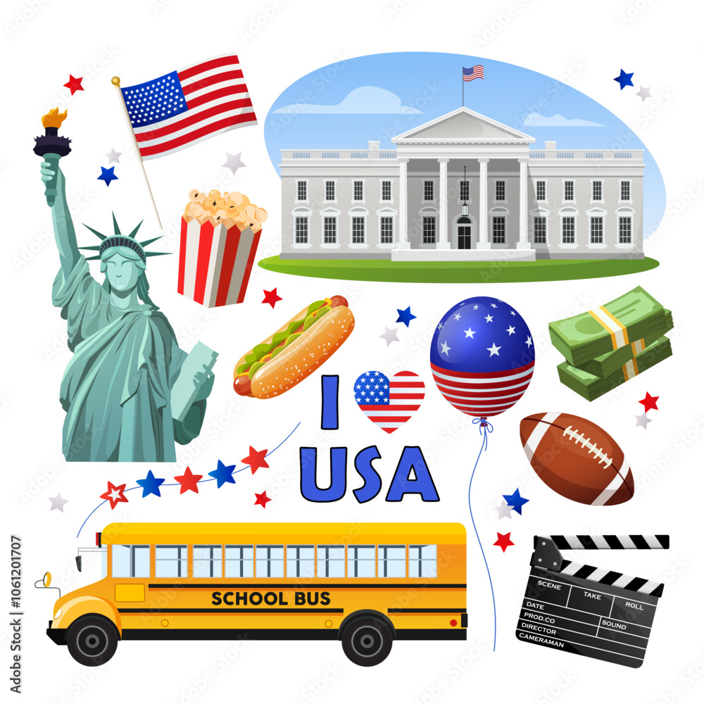 Vector collection of national american symbols includes White House ...