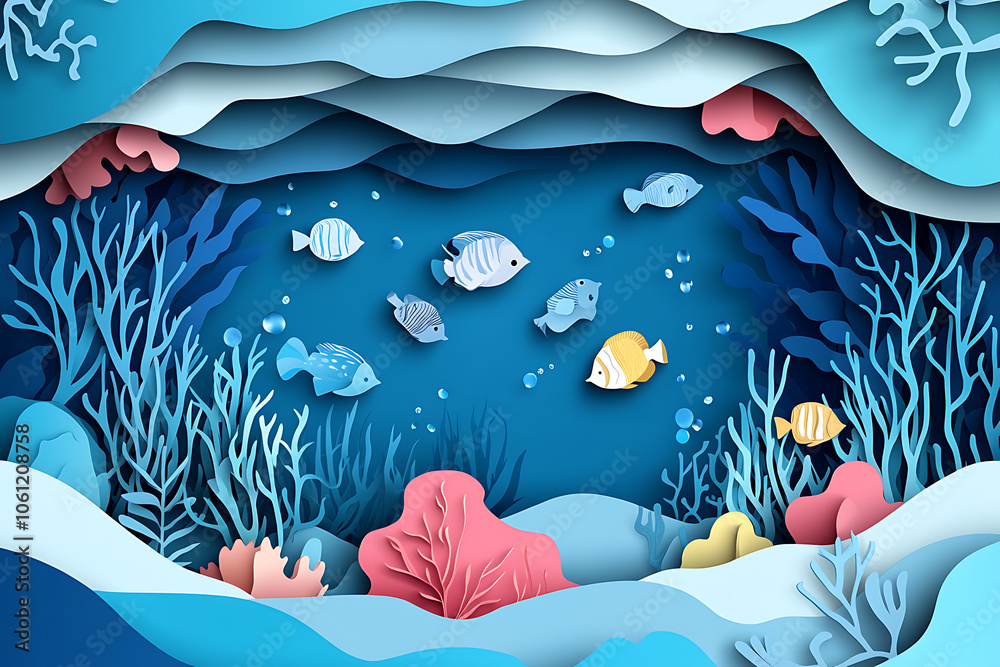 World Oceans Day paper cut sea background. paper craft summer poster ...