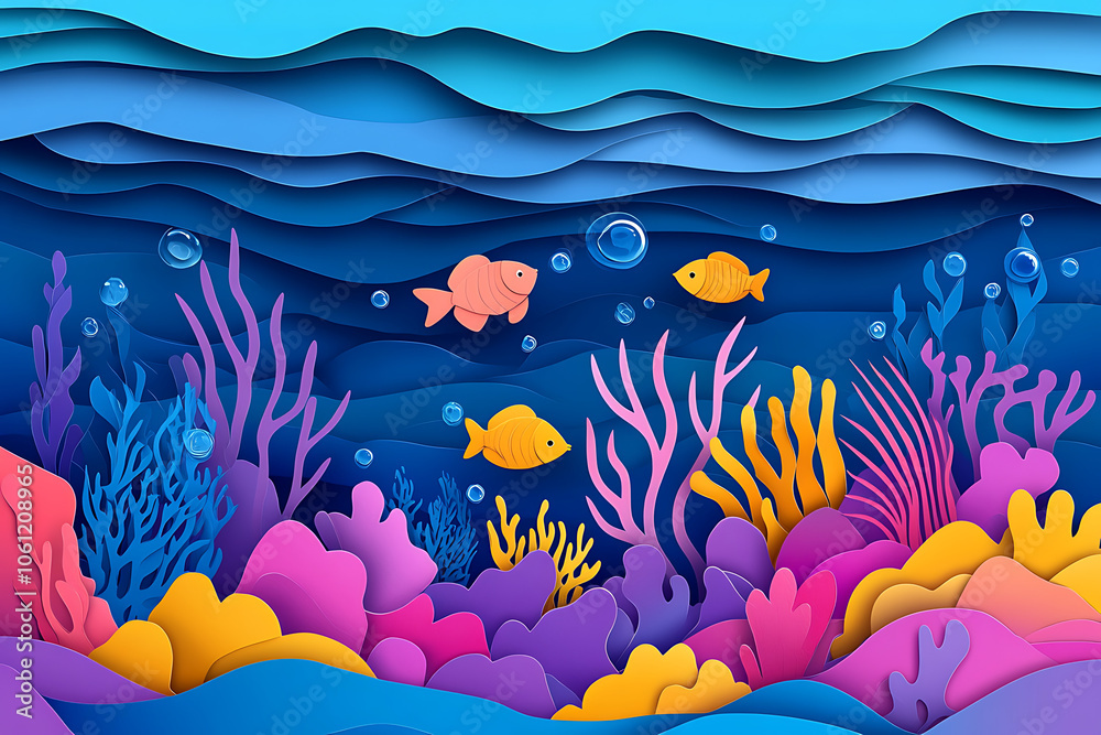 World Oceans Day paper cut sea background. paper craft summer poster ...
