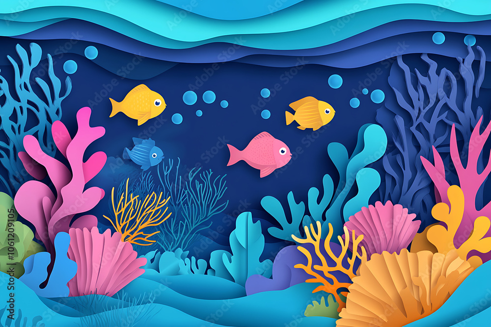 World Oceans Day paper cut sea background. paper craft summer poster ...