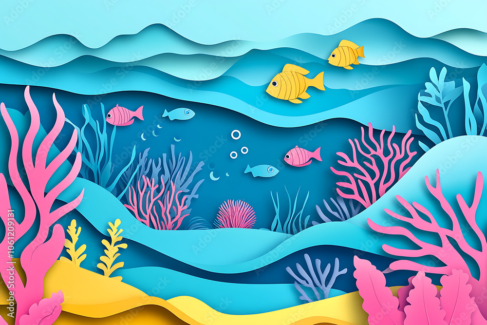 World Oceans Day paper cut sea background. paper craft summer poster ...