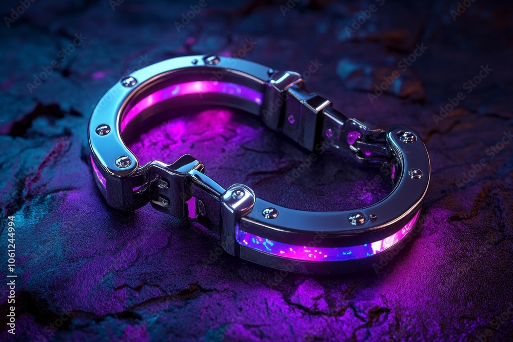 Cyberpunk-style handcuffs with neon lights and holographic lock ...