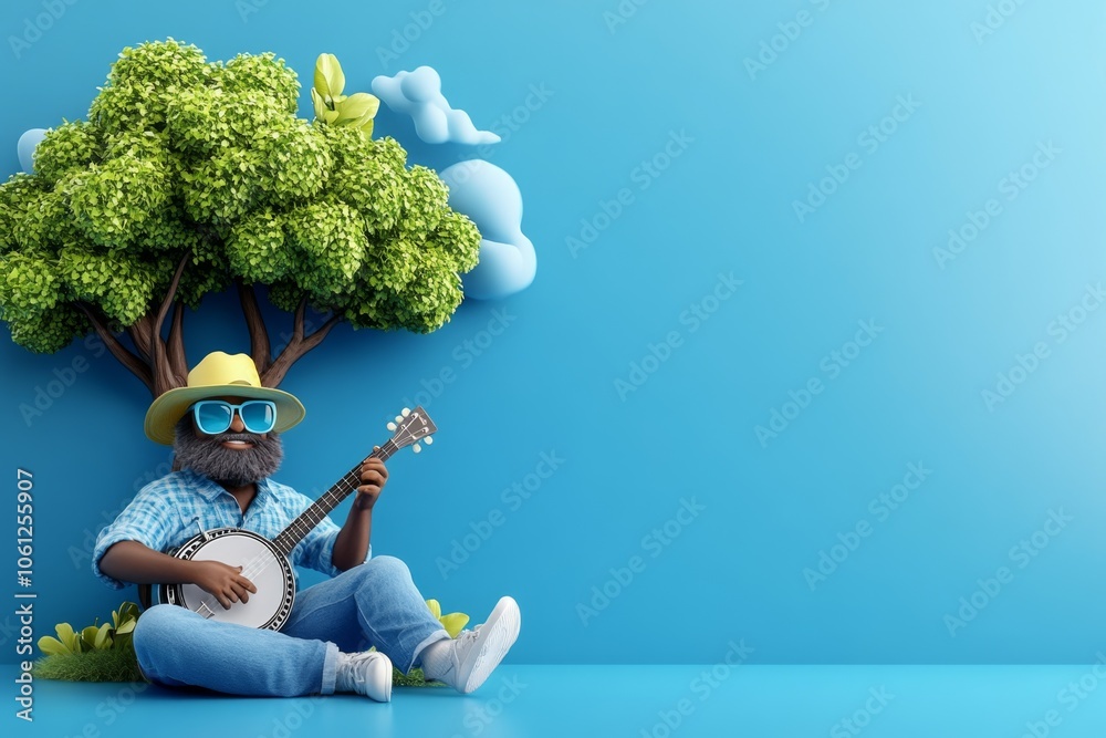 a 2D cartoon illustration of a person playing a banjo under a tree ...