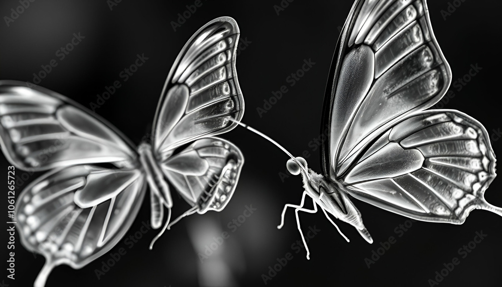 Macro photography of two butterflies with big wings, black and white ...